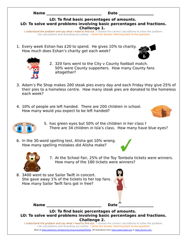 Percentages KS2 Y6 Percentages of Amounts inc. Word Problems, Missing ...