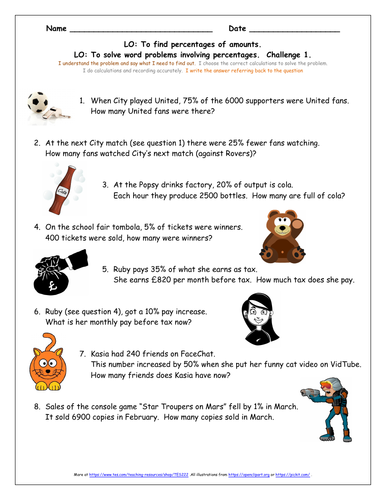 Percentages KS2 Y6 Percentages of Amounts inc. Word Problems, Missing ...