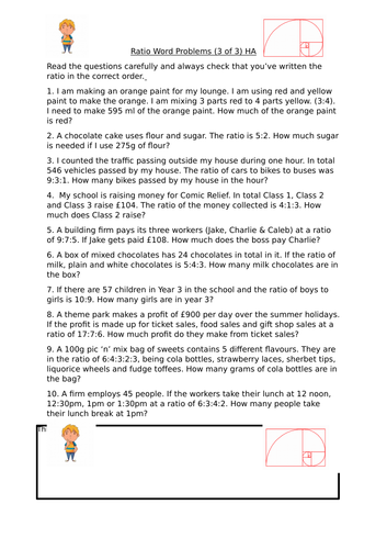 Ratio Word Problems - 3 levels of challenge & answers | Teaching Resources