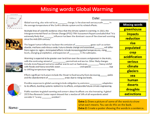 Global Warming Missing Words Cloze Sheet Keywords Settler Starter Cover ...