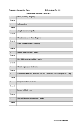 Game - Sentence auction Grammar, comprehension | Teaching Resources