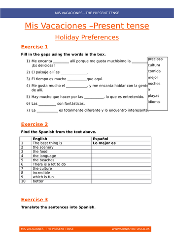 Mis Vacaciones - 11 Worksheets All Tenses | Teaching Resources