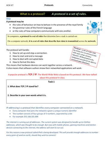 ICT GCSE Protocols lesson worksheet | Teaching Resources