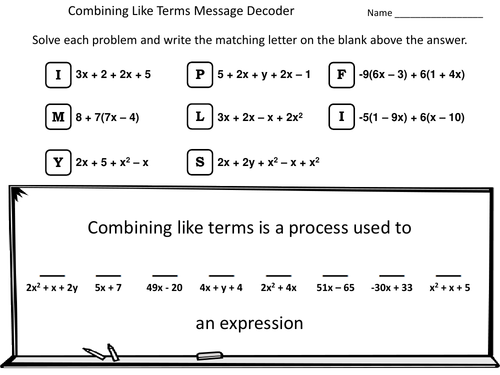 Combining Like Terms Activity: Math Message Decoder | Teaching Resources