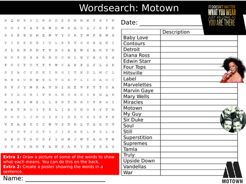 Motown Wordsearch Puzzle Sheet Keywords Settler Starter Cover Lesson ...