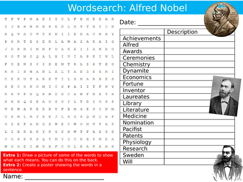 Alfred Nobel Wordsearch Puzzle Sheet Keywords Settler Starter Cover ...