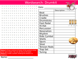 Drums Wordsearch Puzzle Sheet Keywords Settler Starter Cover Lesson ...