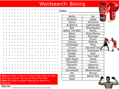 Boxing Wordsearch Puzzle Sheet Keywords Settler Starter Cover Lesson PE ...