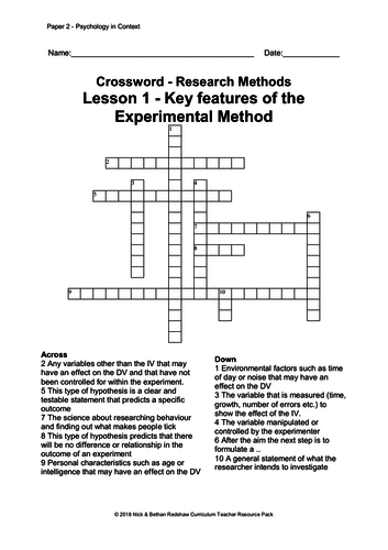 Activity - Crossword - Research Methods - Week 1(1) Key features of the ...