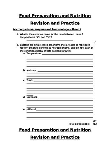 Microorganisms, Enzymes and Food Spoilage Revision Worksheet AQA FPN ...