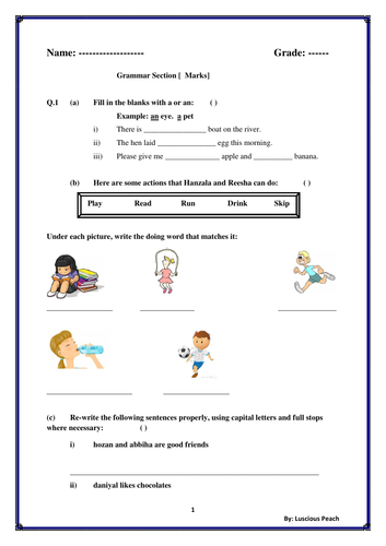 English Grade 1 paper - assessment for KG or 1- with grammar ...