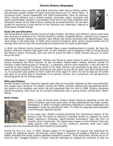 Charles Dickens Biography - Reading Comprehension Worksheet ...