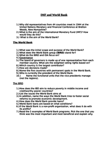 Global Systems and Governance - Lesson 7- World Bank IMF | Teaching ...