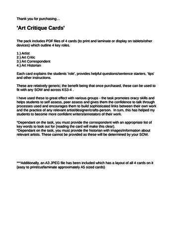 Art Critique Cards - Peer assessment and role play | Teaching Resources