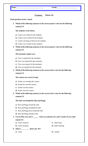 English exam paper for grade 7 or 8 with grammar, reading comprehension ...