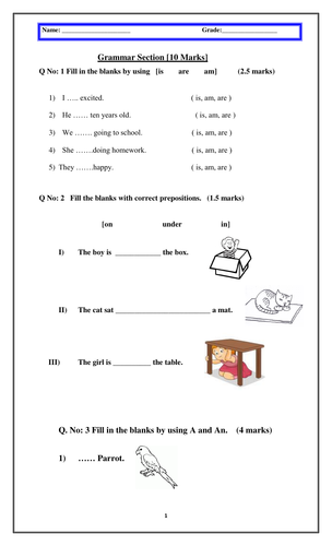 English term paper for grade 1 with grammar, reading comprehension and ...