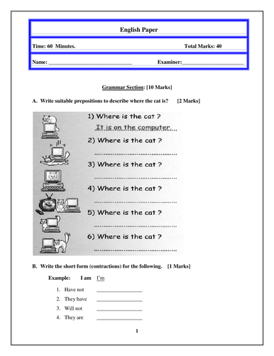English Language paper Grade 4 Exam with grammar, reading comprehension ...