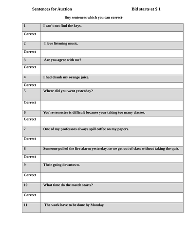 Auction the sentences game -middle school | Teaching Resources