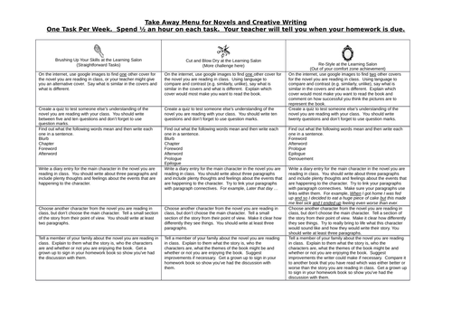 Take Away Style Homework Grid for KS3 Novels and Creative Writing ...