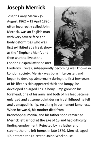 Joseph Merrick - The Elephant Man Handout | Teaching Resources