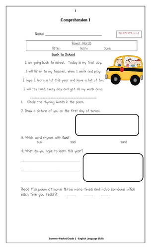 Summer packet for grade 1 - English Language Skills | Teaching Resources