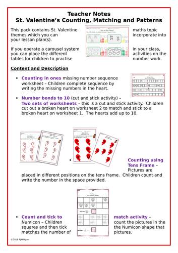 St Valentine Count Match Pattern Sequences Number Bonds 10 and 20 Ten ...