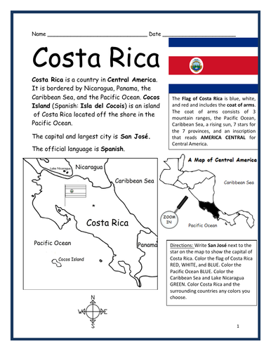 COSTA RICA - Introductory Geography Worksheet | Teaching Resources