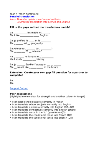KS3 Year 7 French Expo 1 Unit 5 Les matières et les opinions (school ...