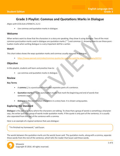 Commas & Quotation Marks in Dialogue - Playlist and Teaching Notes ...
