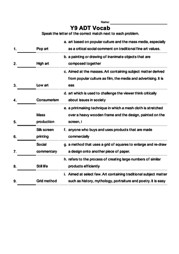KS3 Art & Design: AFL checklist and vocabulary Term 2 | Teaching Resources