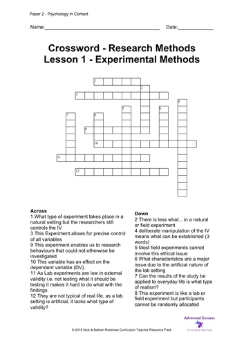 Activity - Crossword - Research Methods - Week 1 (2) The Experimental ...