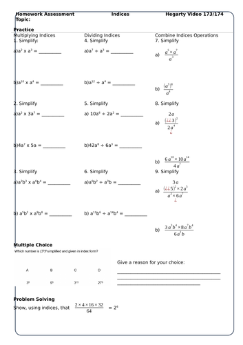 Indices Homework with Answers | Teaching Resources Indices Homework with Answers | Teaching Resources