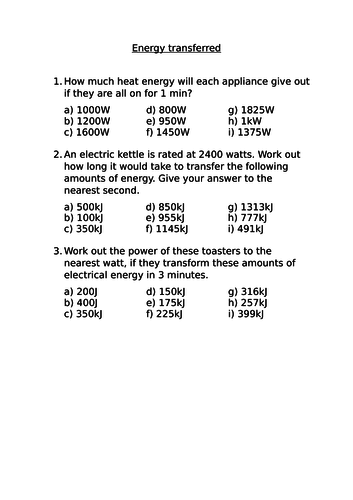 Power, energy and time questions | Teaching Resources