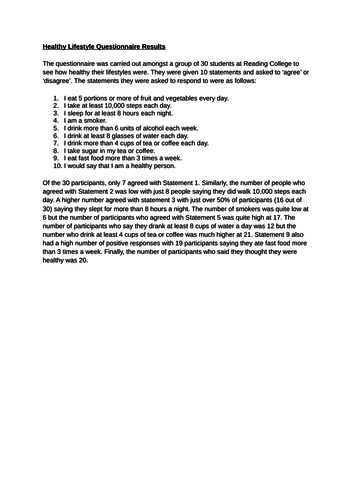 Healthy lifestyle questionnaire results | Teaching Resources