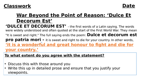 Wilfred Owen's 'Dulce Et Decorum Est' Poetry Analysis | Teaching Resources