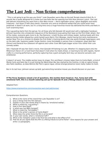 Star Wars The Last Jedi non fiction film review comprehension questions ...