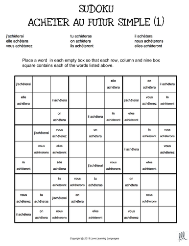 French future tense sudoku games - Le futur simple | Teaching Resources