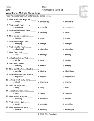 Word Forms Multiple Choice Exam | Teaching Resources