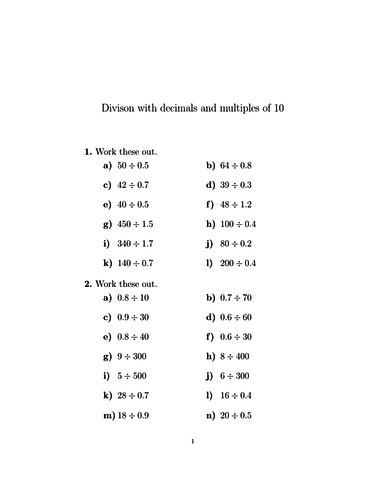 Division with decimals and multiples of 10 worksheet (with solutions ...