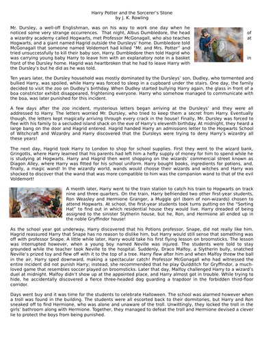 Harry Potter and the Sorcerer's Stone - Reading Comprehension Text ...