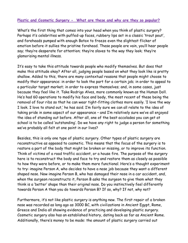 Reading Comprehension - Cosmetic / Plastic Surgery | Teaching Resources