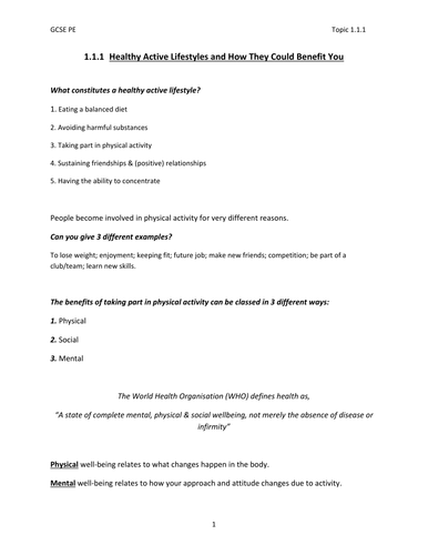 GCSE PE - Healthy Active Lifestyles | Teaching Resources