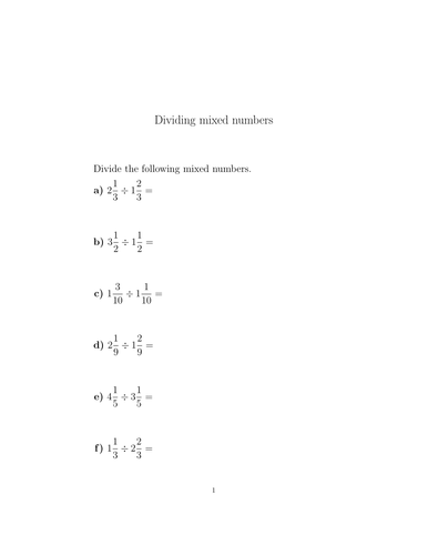 Dividing mixed numbers worksheet (with solutions) | Teaching Resources
