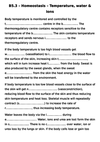 B5 Homeostasis & Response gap fill activities for AQA 9-1 Biology and ...