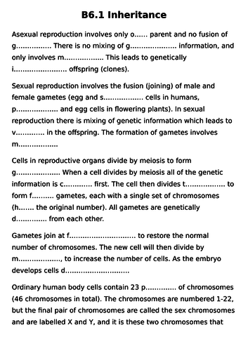 B6 Inheritance Variation And Evolution Gap Fill Activities For Aqa 9 1