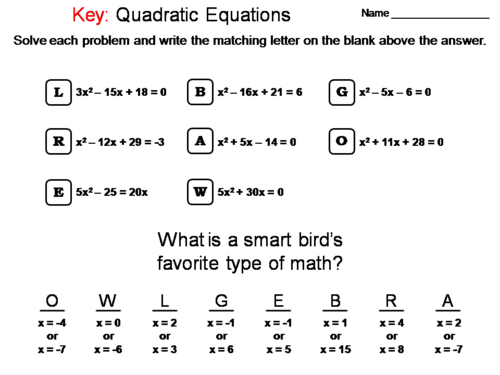 Solving Quadratic Equations Worksheet: Math Message Decoder | Teaching ...