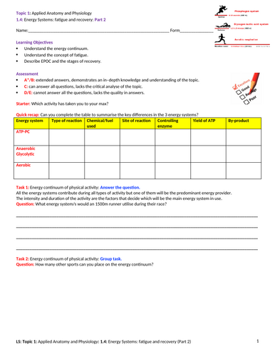 A-level Edexcel Spec 2016: Topic 1 Applied Anatomy & Physiology ...
