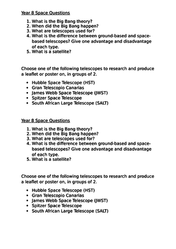 Space research worksheet | Teaching Resources