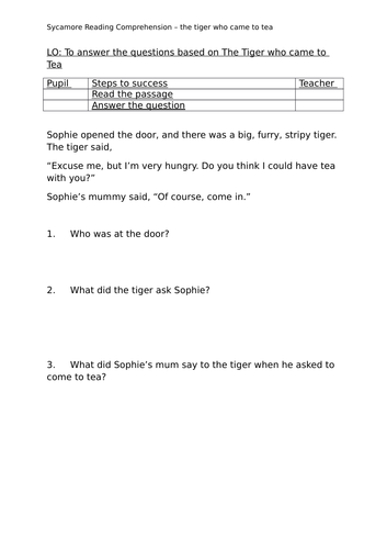 The Tiger Who Came To Tea - guided reading | Teaching Resources