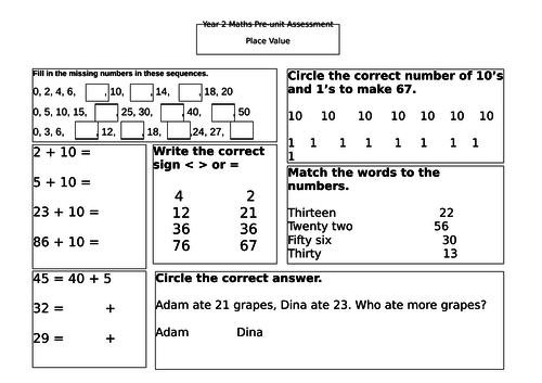 Year 2 place value pre-unit assessment for place value. | Teaching ...
